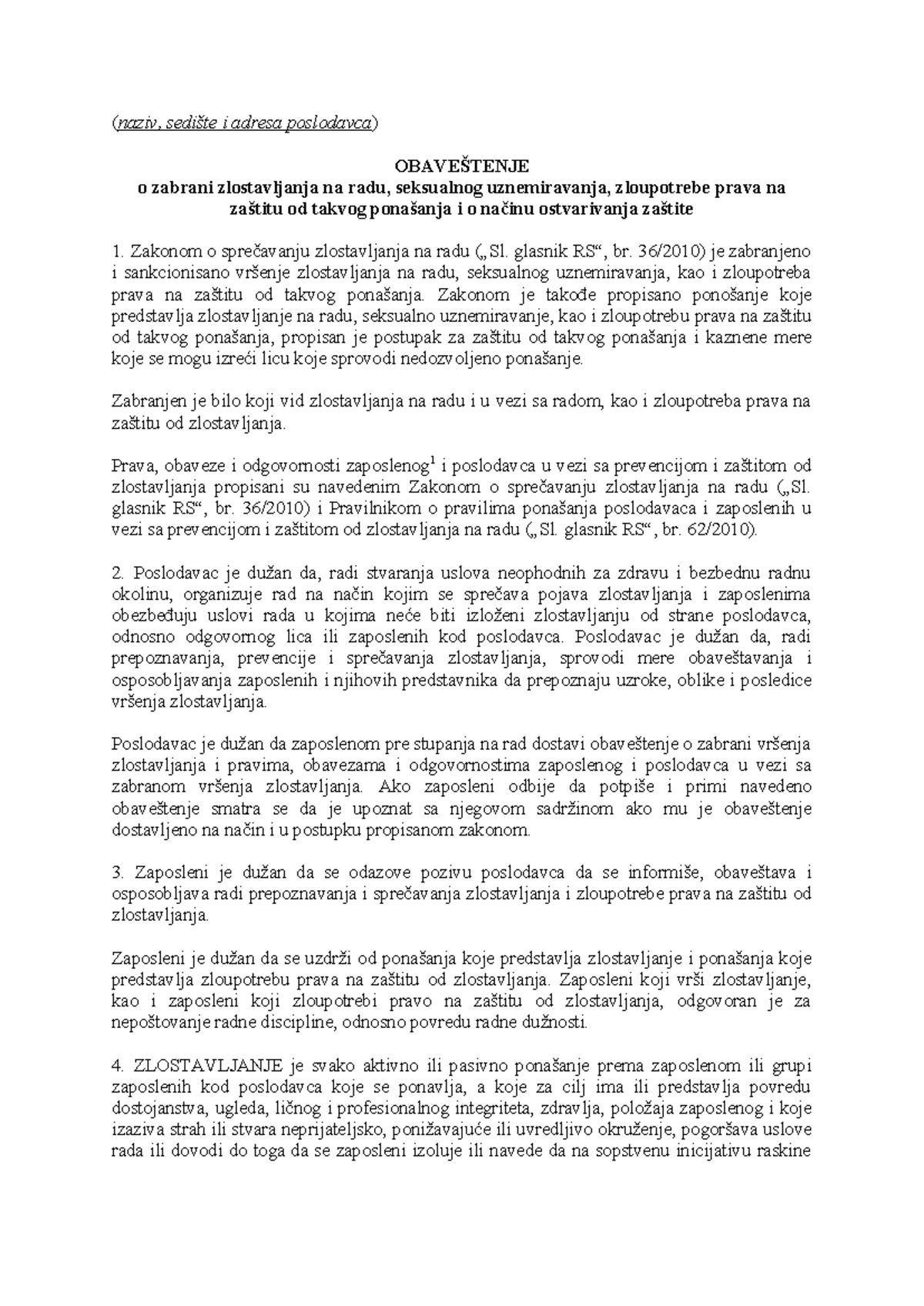 Obaveštenje o zabrani zlostavljanja na radu i zaštiti prava - Studocu