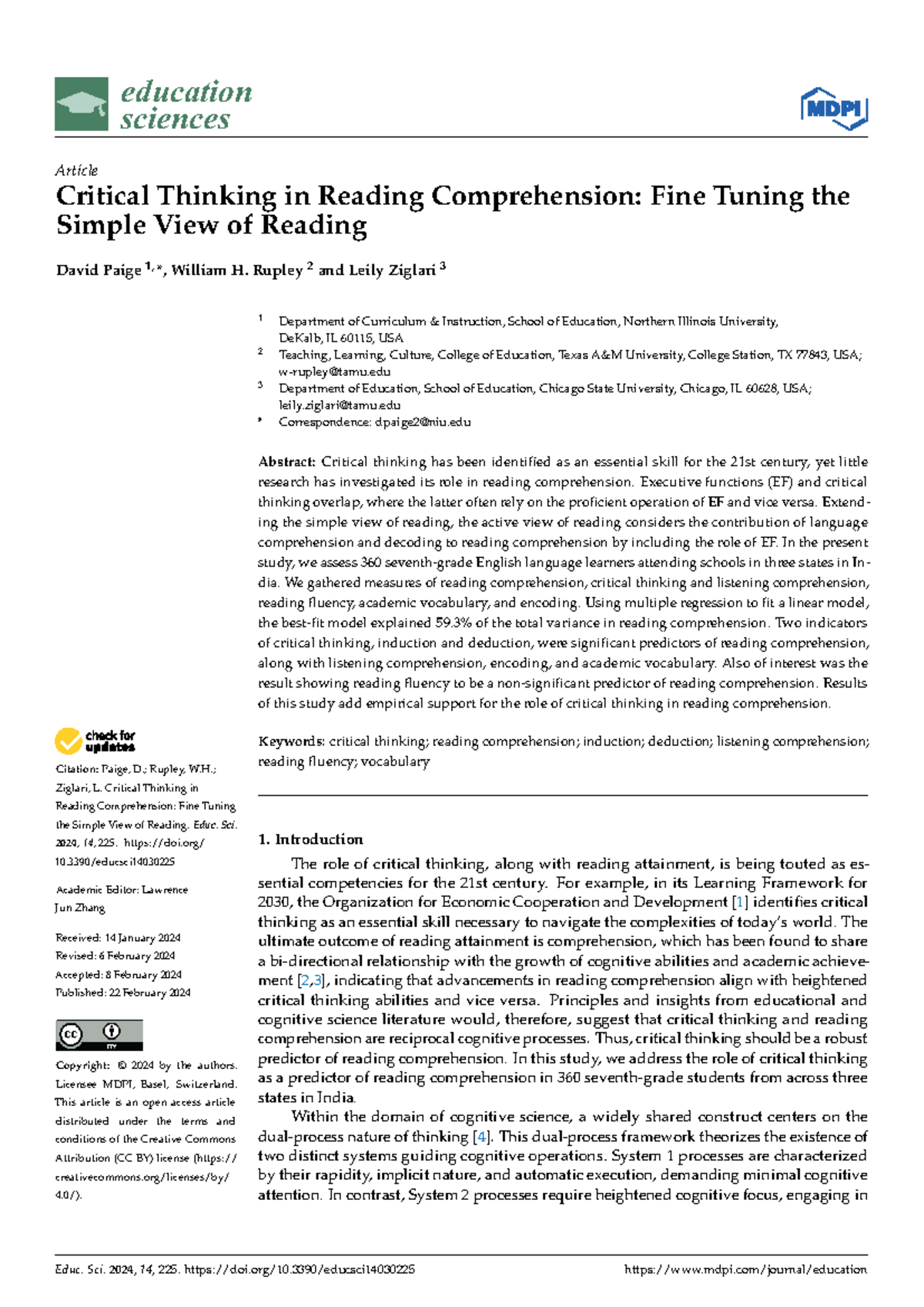 Critical Thinking and Reading Comprehension: Insights from ELLs in ...