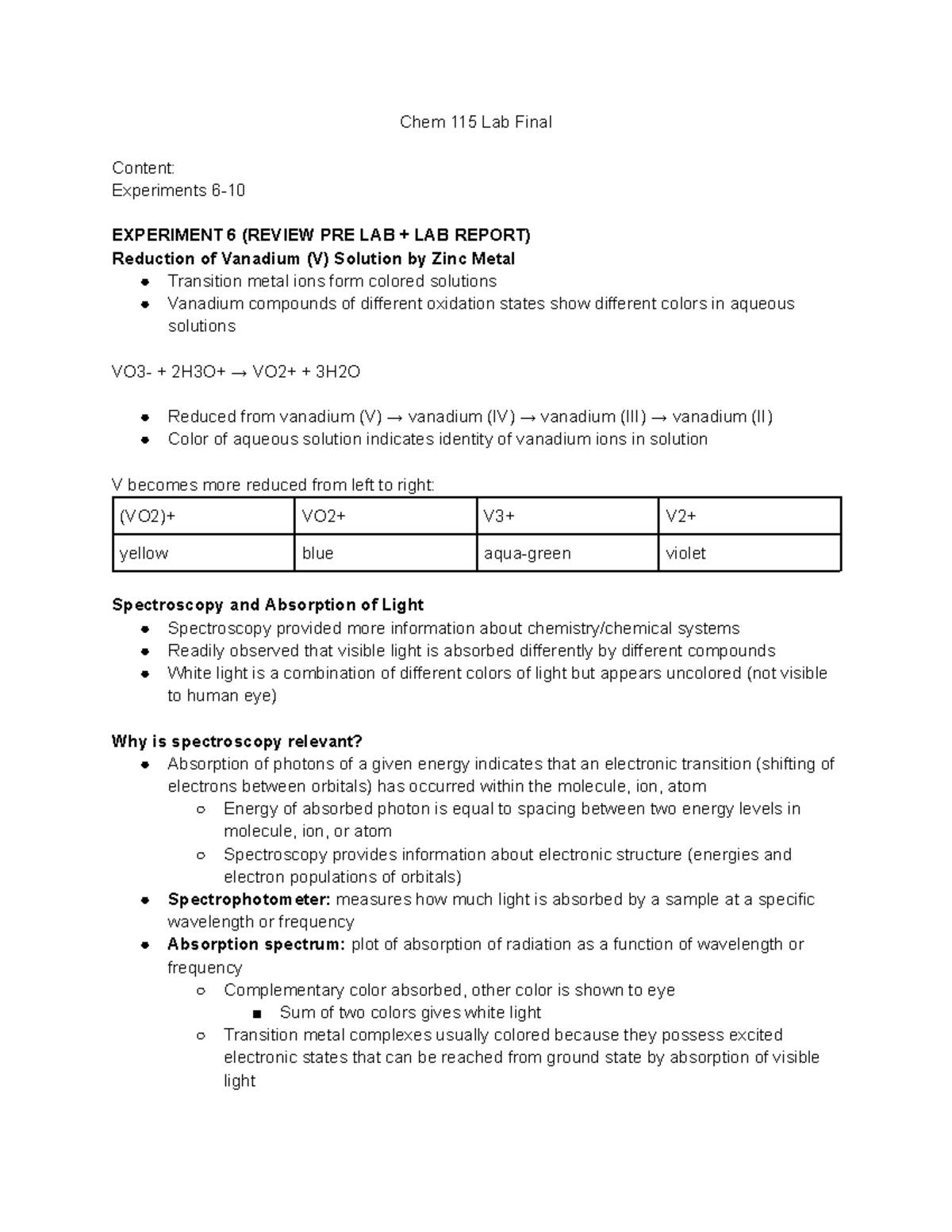 Chem 115 Lab Final Exam Study Guide: Key Experiments & Concepts - Studocu