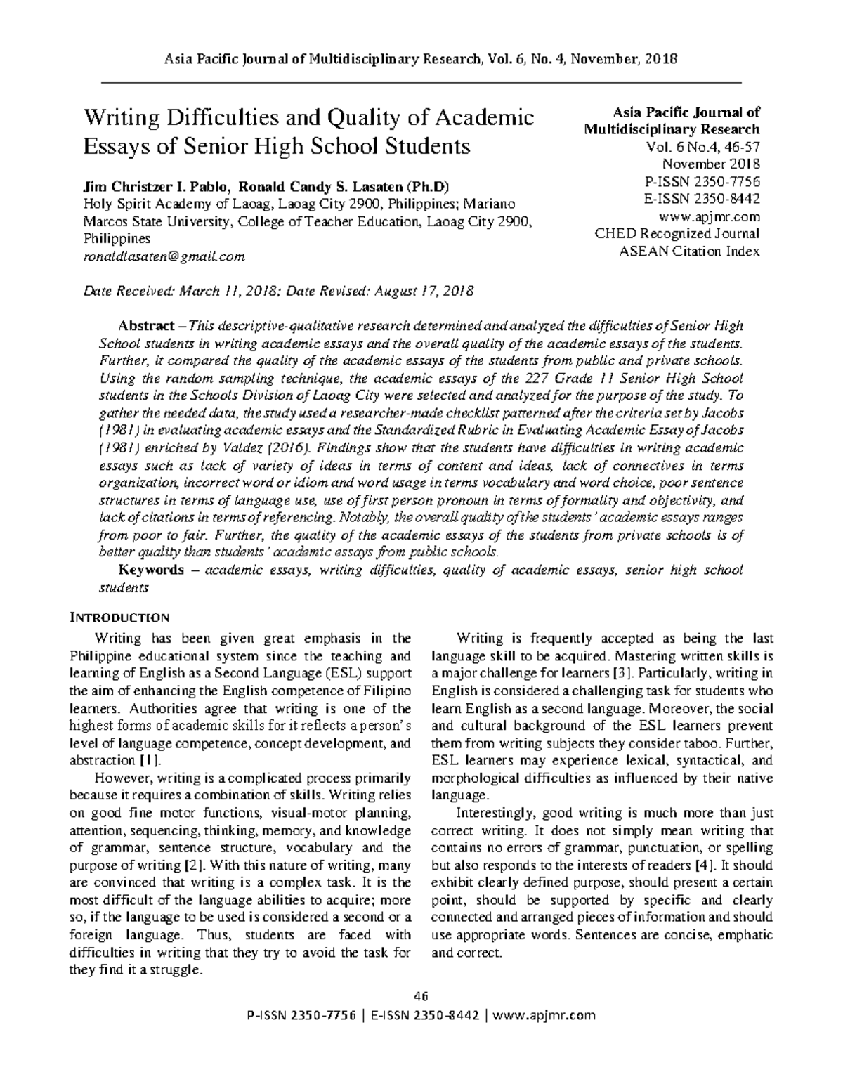 Writing Difficulties and Quality of Academic Essays of SHS Students ...