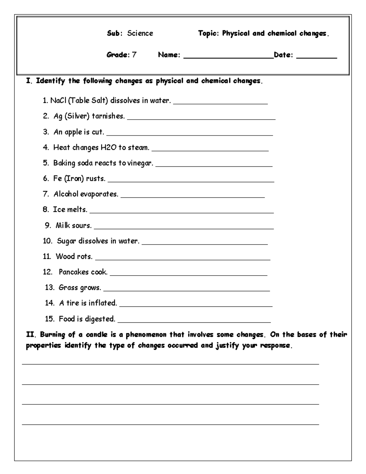 Grade 7 Science: Physical and Chemical Changes Worksheet - Studocu