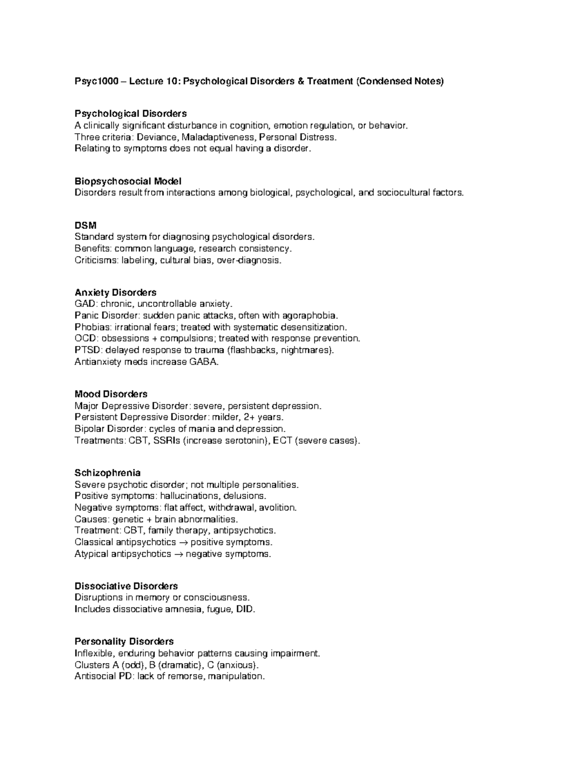 Psyc1000 Lecture 10: Treatment of Psychological Disorders Notes - Studocu