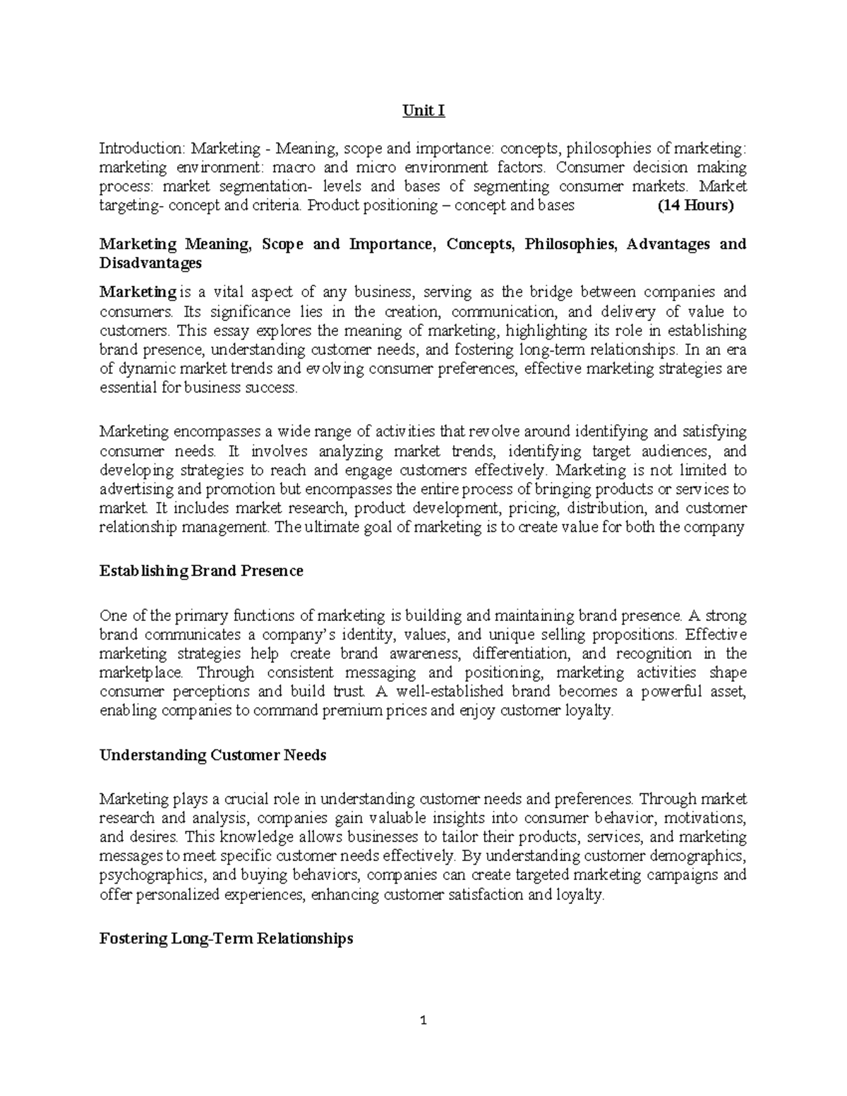 Unit 1-MM: Introduction to Marketing Concepts, Scope, and Consumer ...