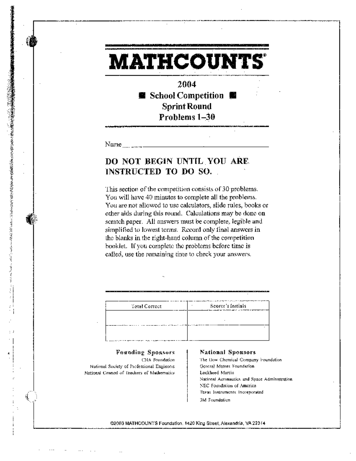 MATHCOUNTS 2004 School Competition Sprint Round Problems - Studocu