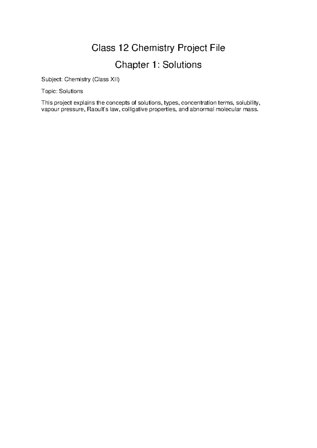 Class 12 Chemistry Project: Chapter 1 - Solutions Overview - Studocu