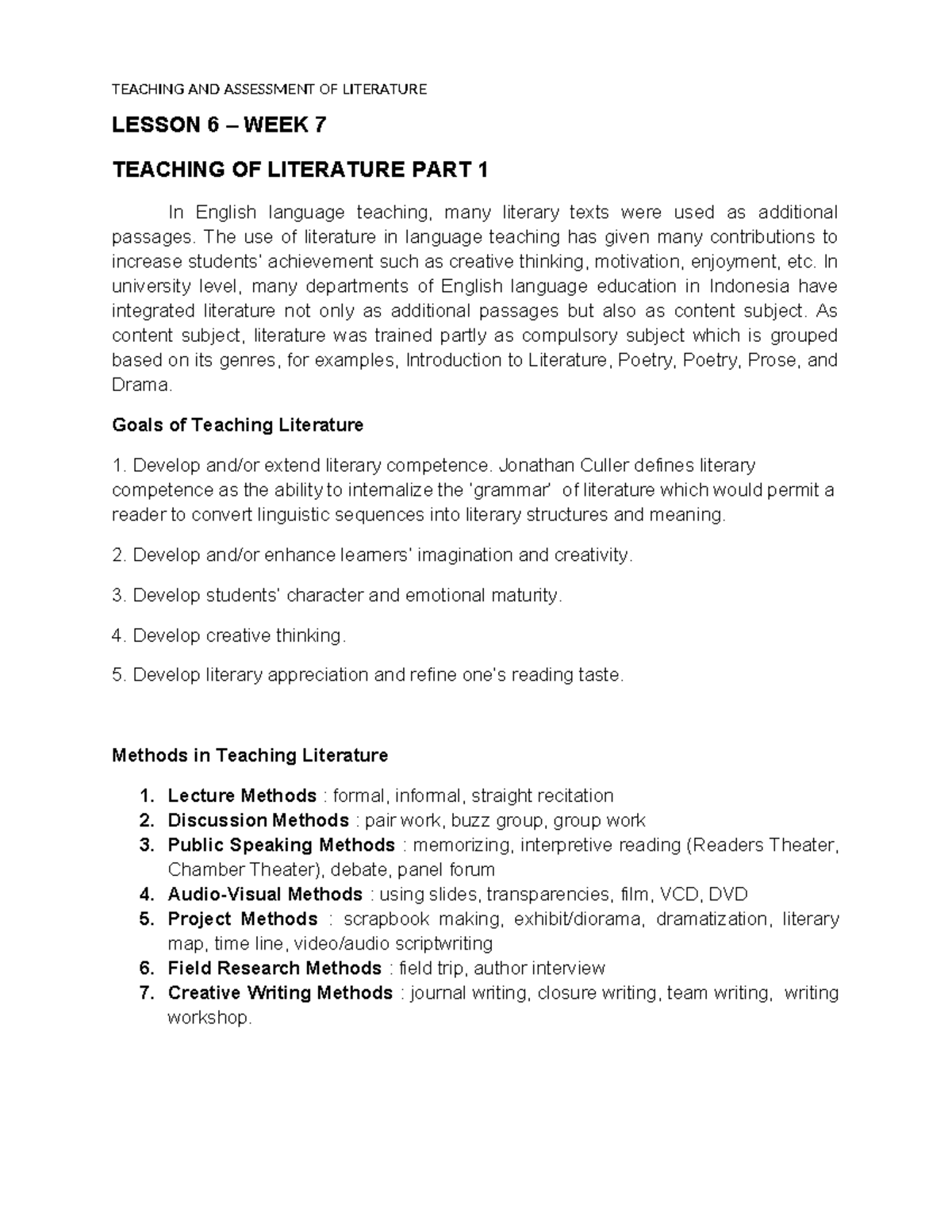 Lesson 6 - Teaching OF Literature PART 1 - LESSON 6 – WEEK 7 TEACHING ...