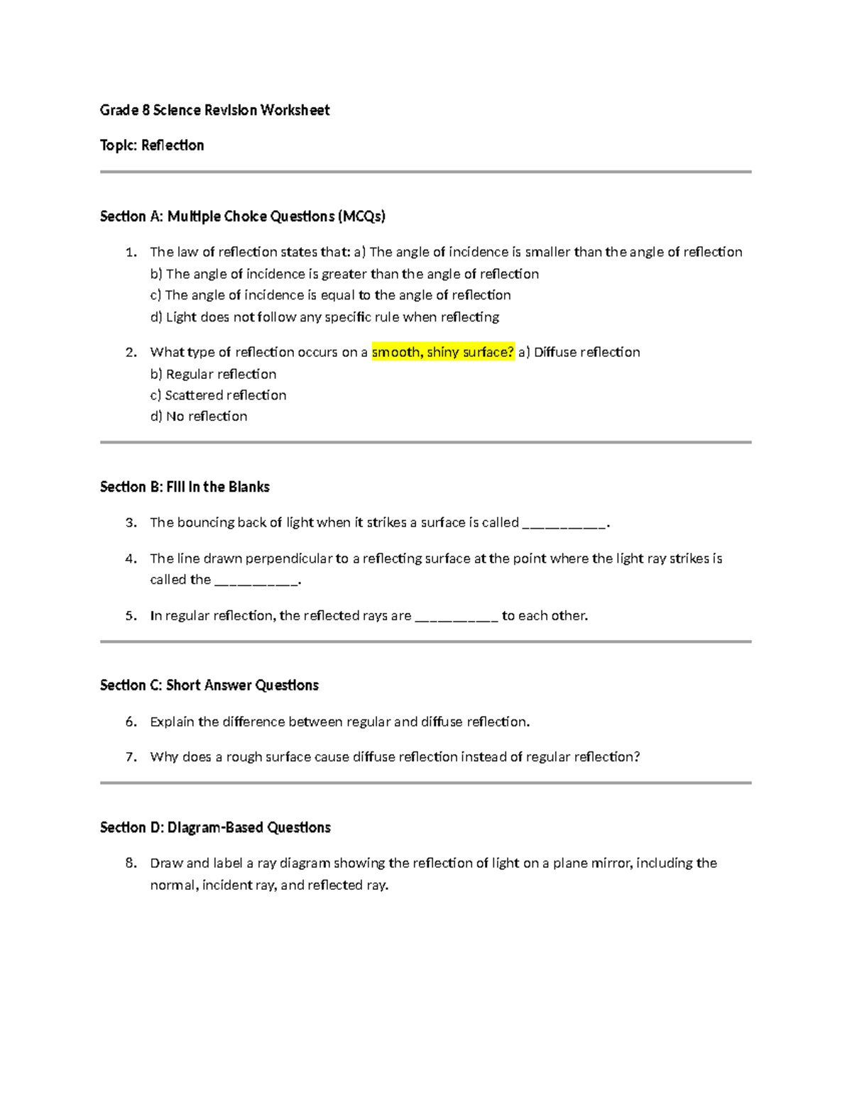 Grade 8 Science Reflection Revision Worksheet - Exam Prep - Studocu