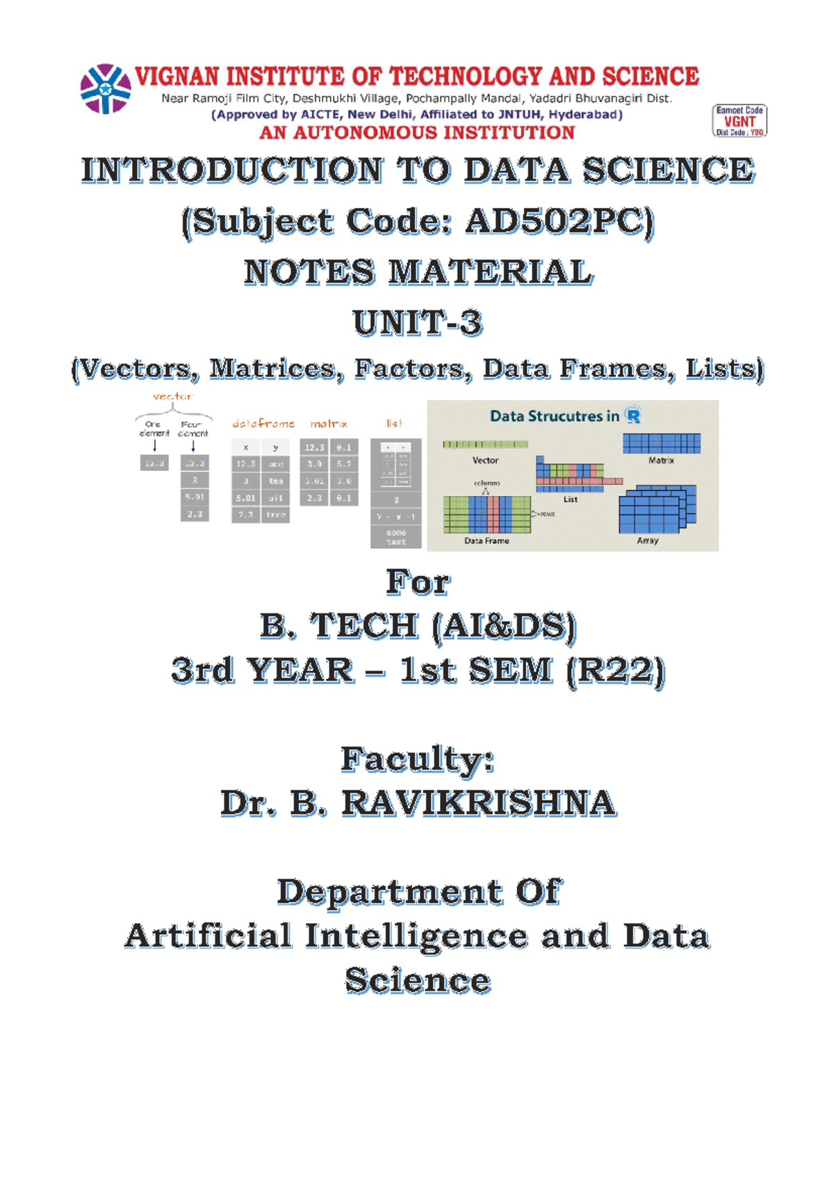 UNIT-3: Vectors and Arrays in R - Introduction to Data Science - Studocu