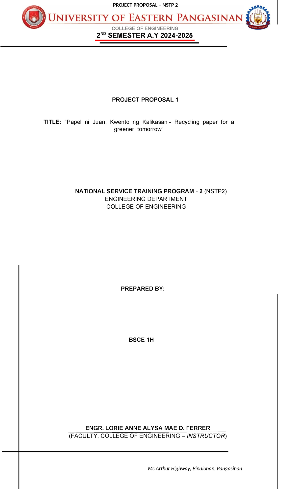 NSTP 2 Project Proposal: Ni Juan, Kwento ng Kalikasan Recycling - Studocu