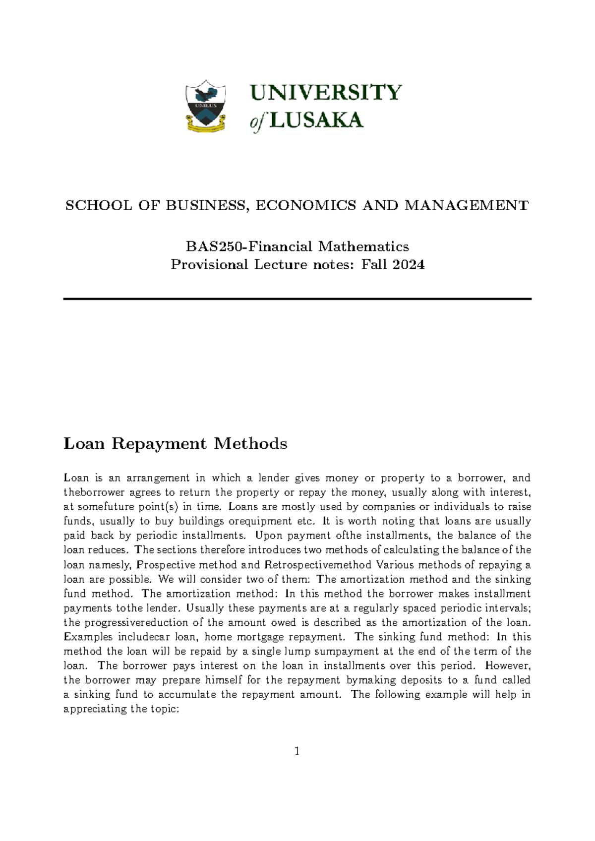BAS250 Lecture Notes: Loan Repayment Methods & Calculations - Studocu