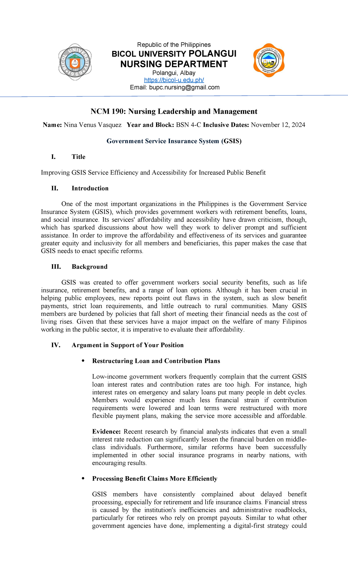Vasquez Nursing Leadership and Management - Position Paper - Republic ...