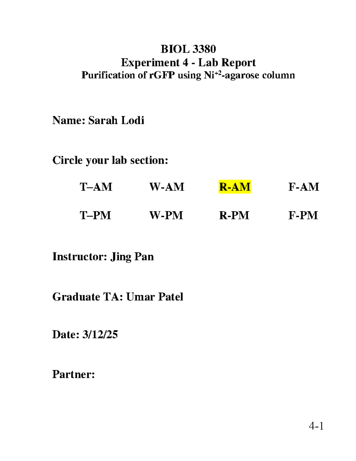 S25 Lab 4 Report copy - BIOL 3380 Experiment 4 - Lab Report ...
