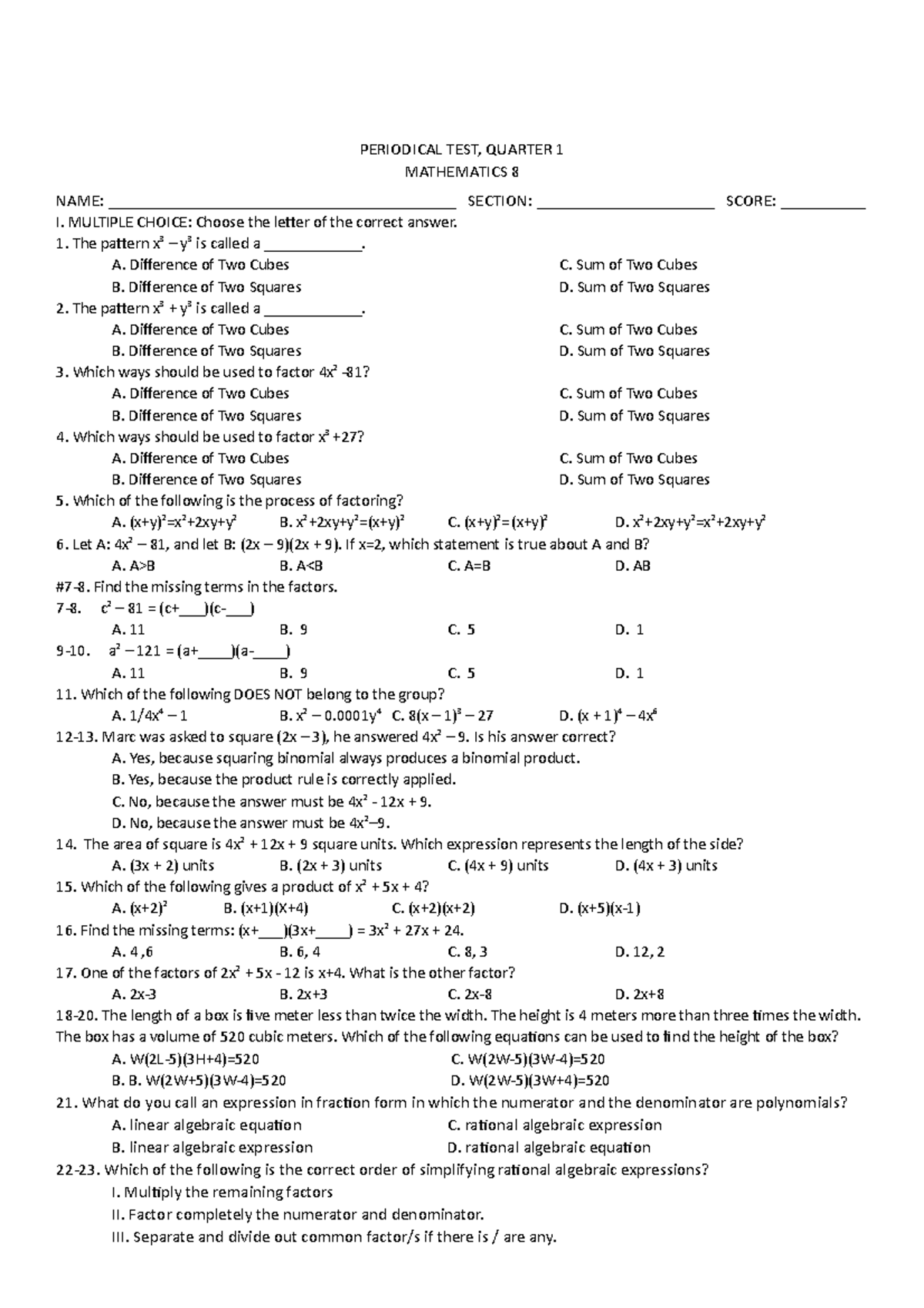 Mathematics 8 Quarter 1 Periodical Test Guide - Studocu