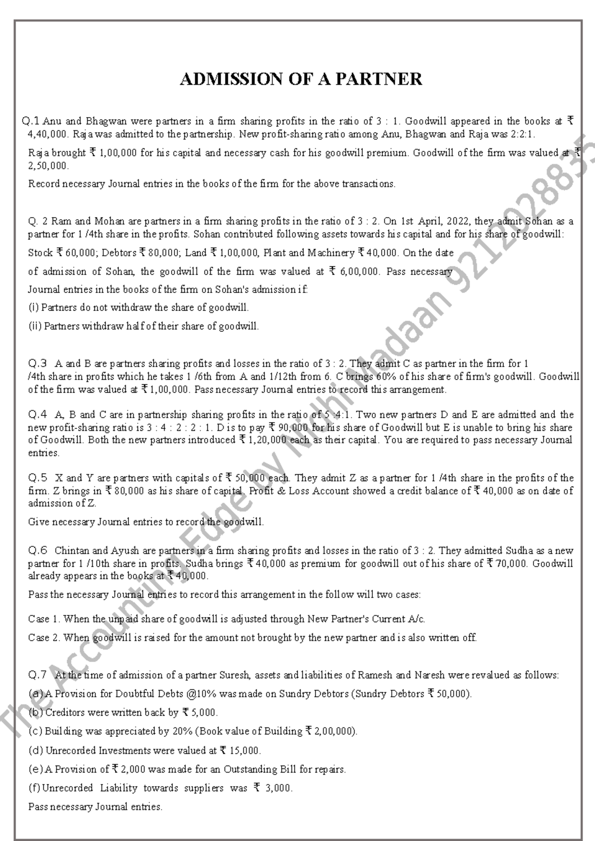 ADMISSION OF A PARTNER: Journal Entries & Adjustments (CBSE Sample ...