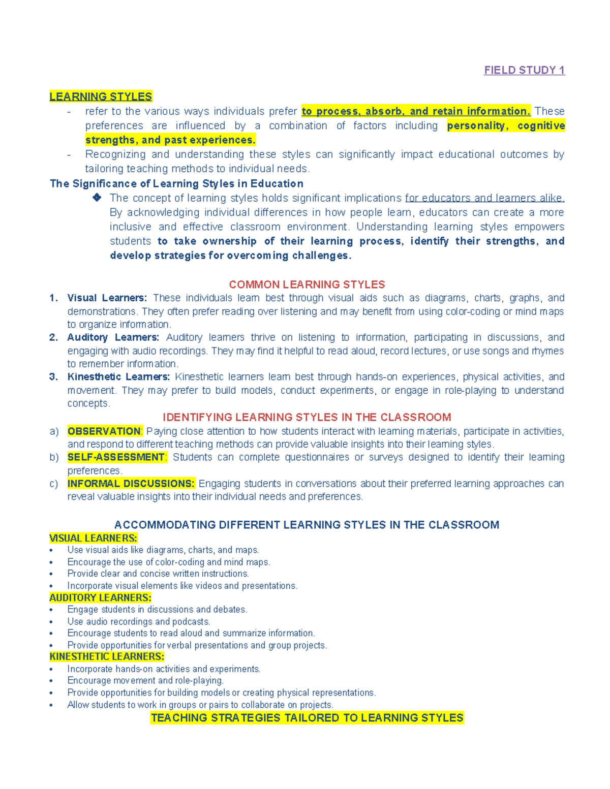 Field Study 1: Exploring Learning Styles and Gender Equality Strategies ...
