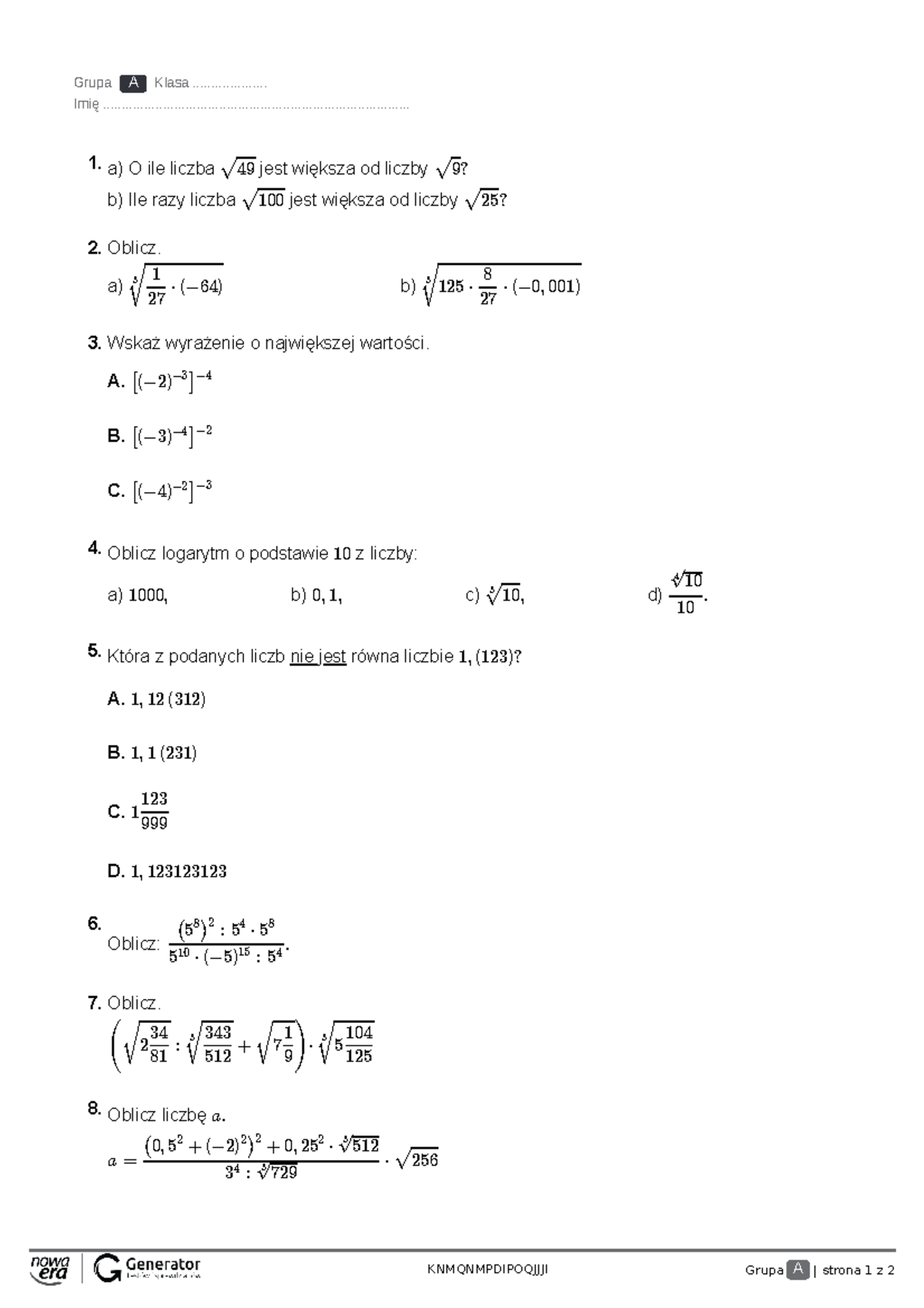 1. Liczby rzeczywiste – klasówka (poziom łatwiejszy) Test – SPE ...