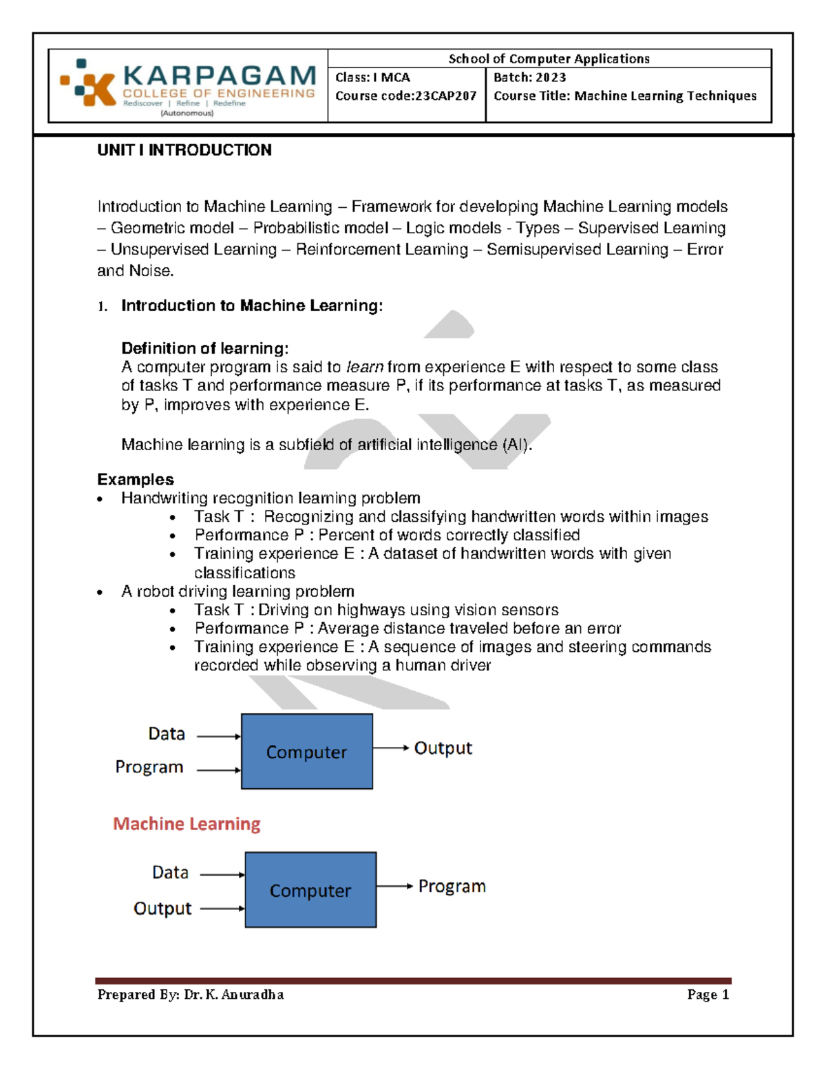 1.1 Introduction to Machine Learning - Class: I MCA Course code:23CAP ...