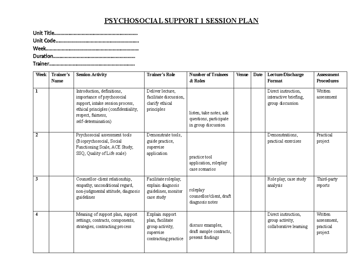 Psychosocial Support 1 Session Plan: Week 1-4 Activities & Assessments ...