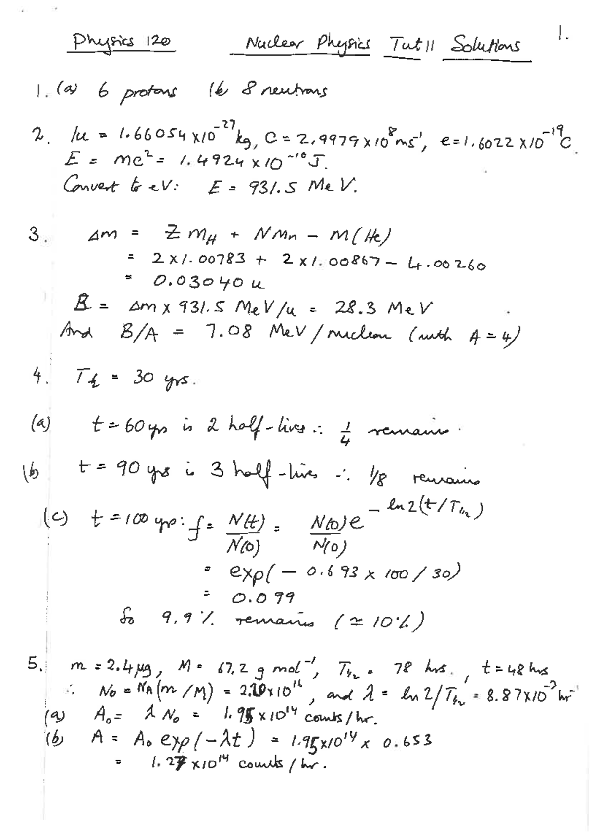 PHYS120 Tut 11 Nuclear Physics Solutions and Calculations - Studocu