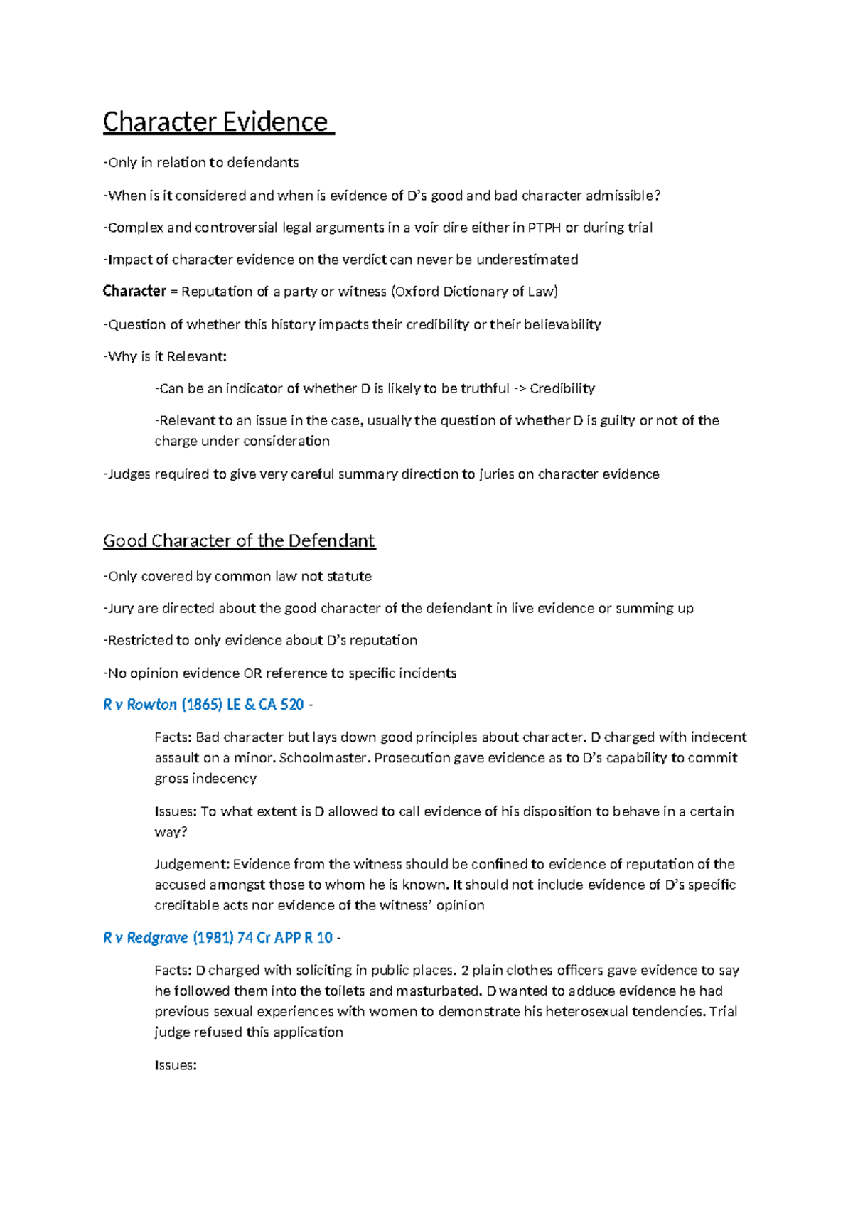 Character Evidence in Criminal Trials: Insights and Case Law - Studocu