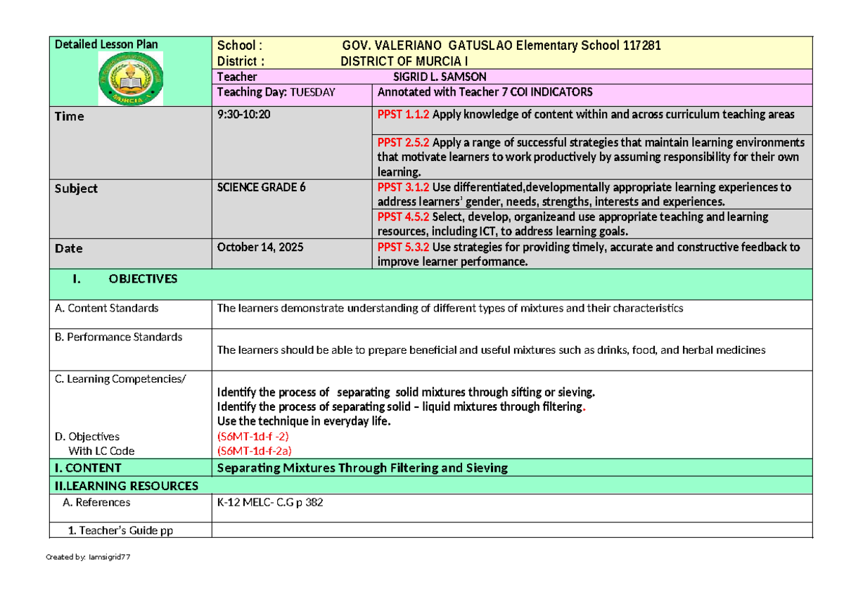 Detailed Lesson Plan: Separating Mixtures in Science 6 (117281) - Studocu