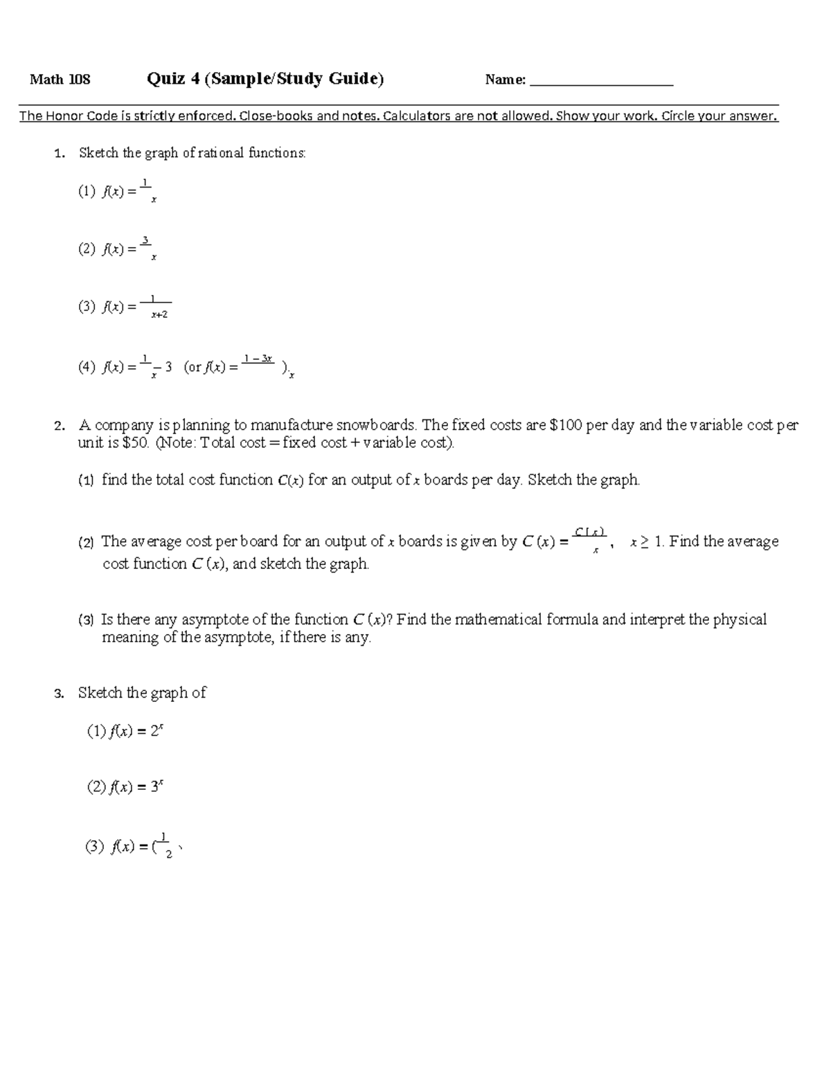 Quiz 4 Study Guide: Math 108 Rational Functions & Costs - Studocu