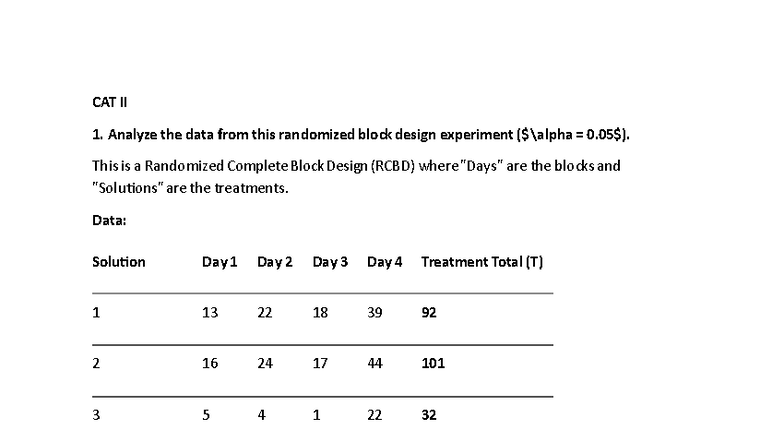 CAT II Randomized Complete Block Design Analysis and ANOVA Results ...
