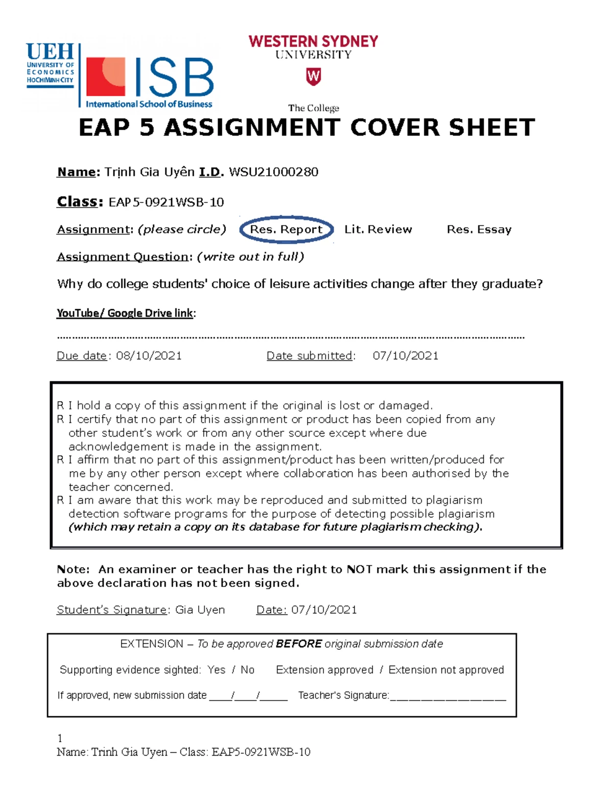 [EAP5-0921WSB10] Research Report Trinh Gia Uyen - EAP 5 ASSIGNMENT COVER SHEET Name: Trịnh Gia ...