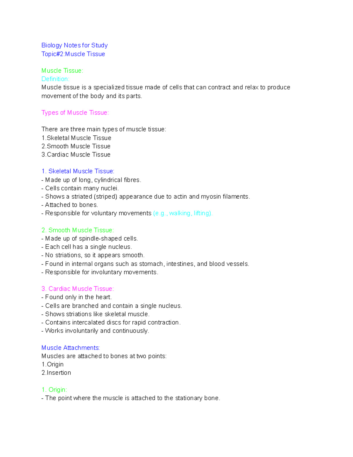 Biology Notes: Muscle Tissue Types and Functions - Studocu