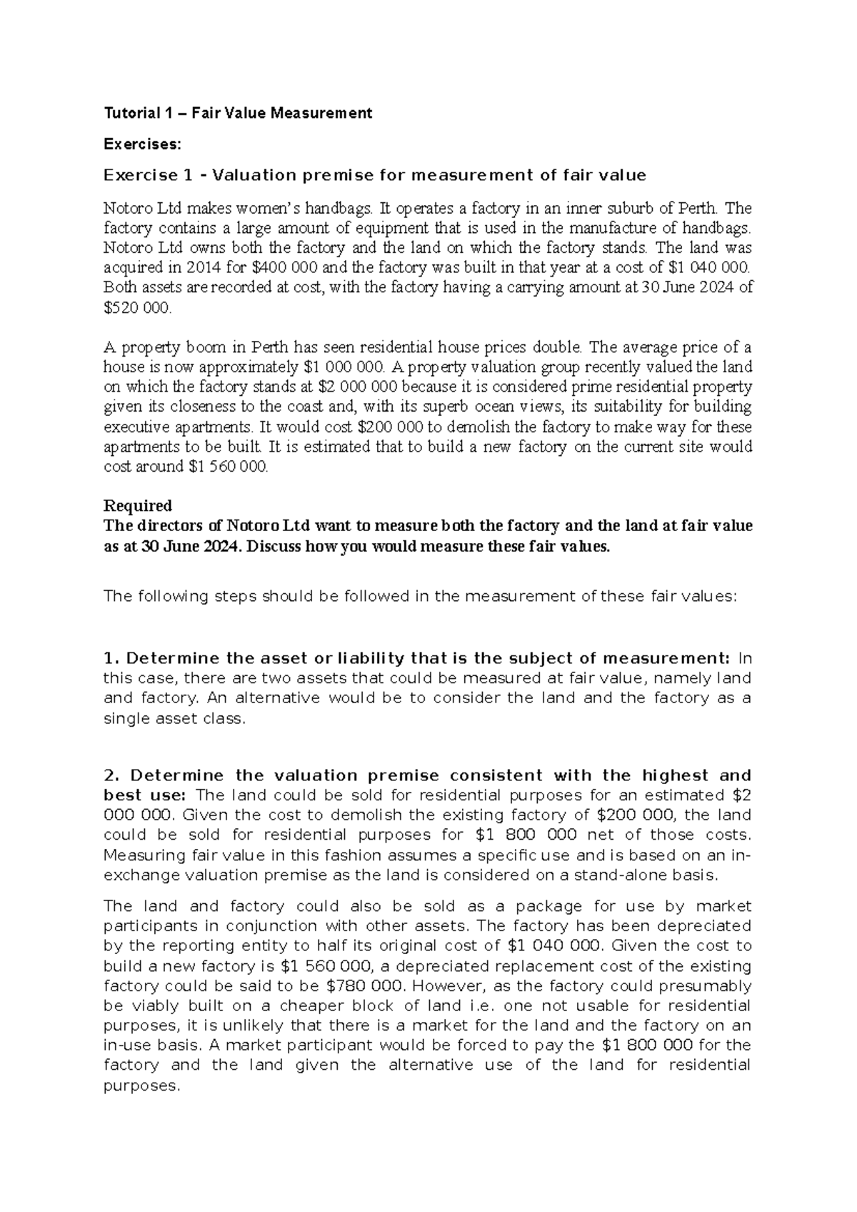 Tutorial 1 - Fair Value Measurement Solutions: Notoro Ltd Case Study ...