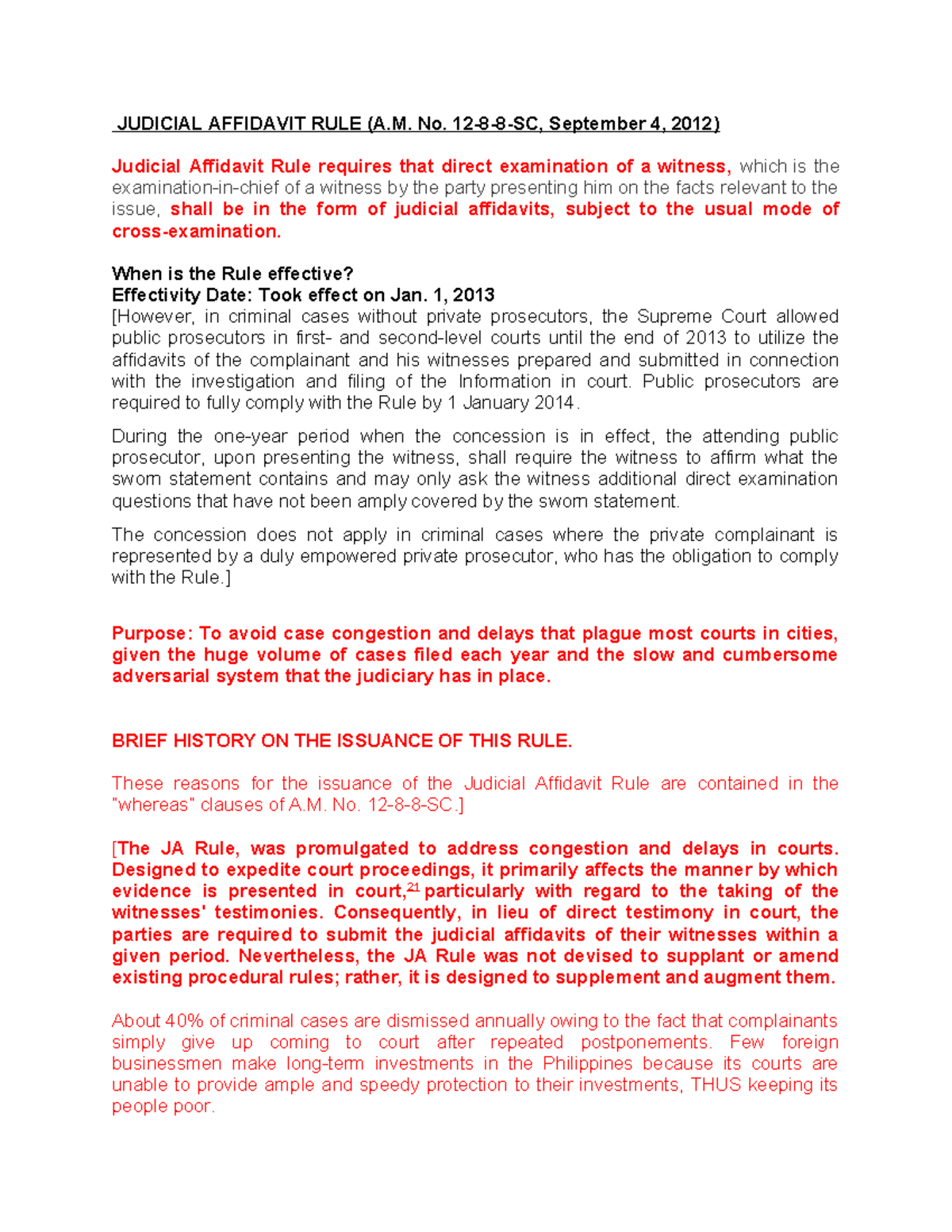 JUDICIAL AFFIDAVIT RULE (A.M. No. 12-8-8) Overview and Implications ...