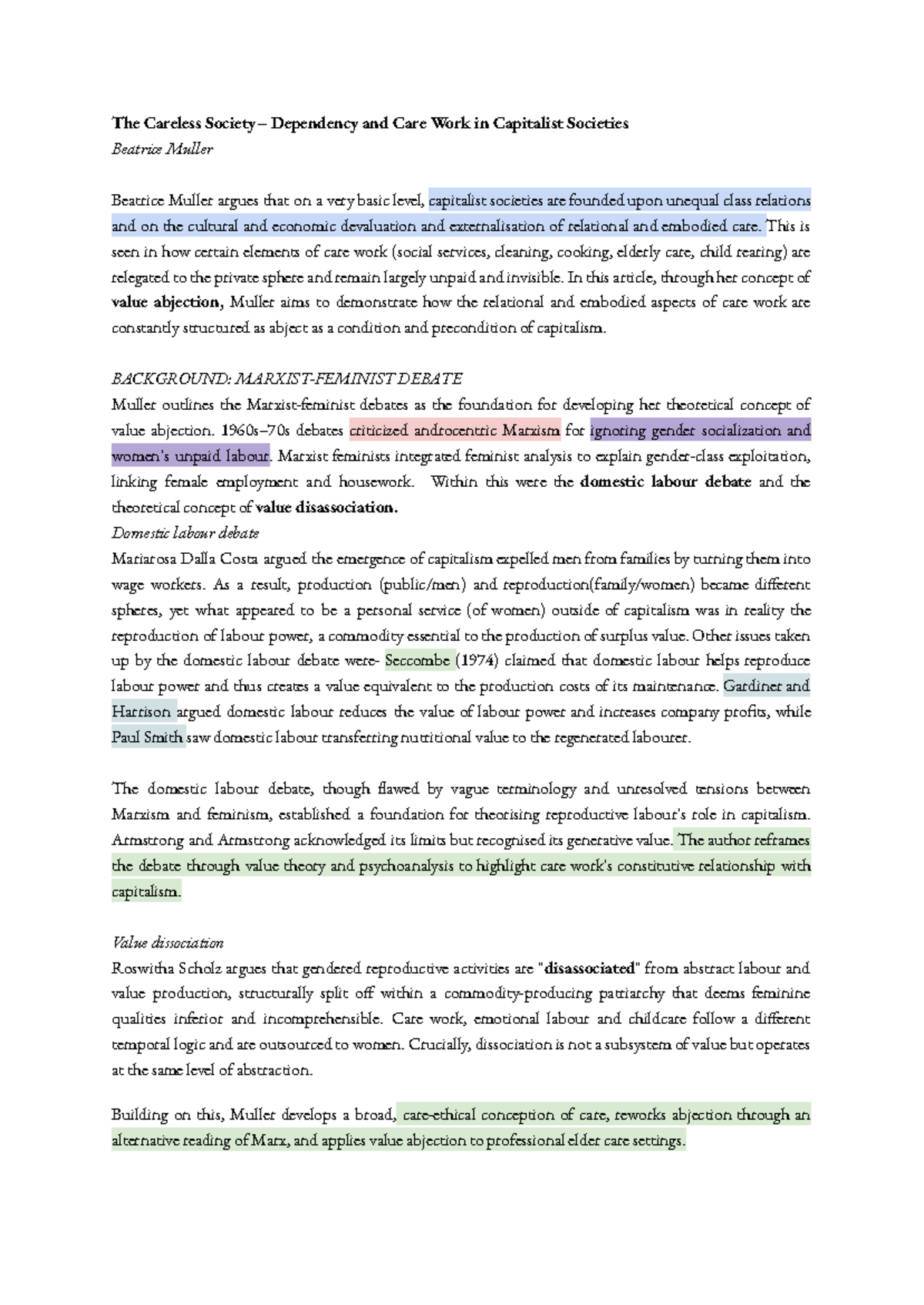 Beatrice Muller: Care Work and Value Abjection in Capitalism - Studocu
