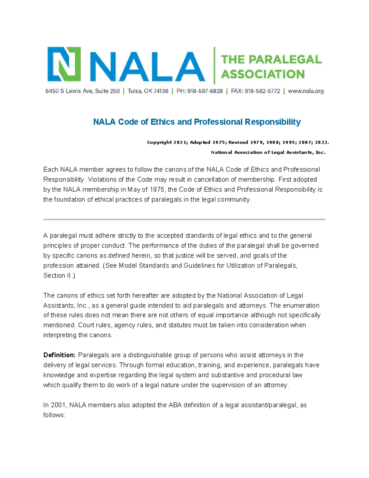 NALA Code of Ethics and Professional Responsibility - Studocu