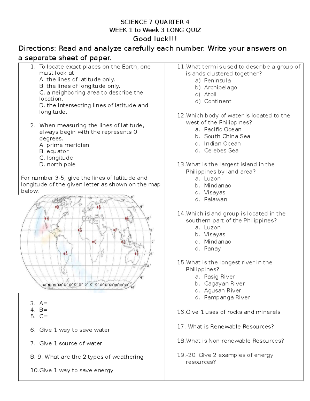 SCIENCE 7: Quarter 4 Long Quiz (Weeks 1-3) - Studocu
