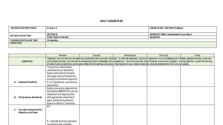 Lesson Plan for ED 302: Assessment in Learning 1 - Group 1 - Studocu