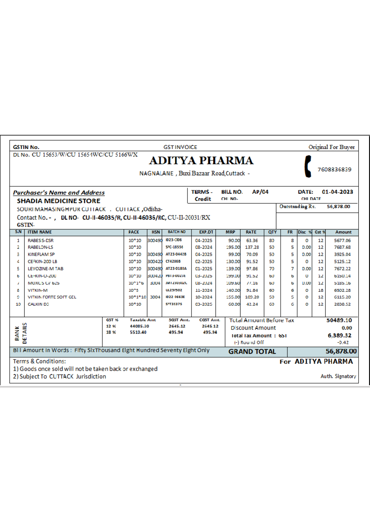 GST Invoice for ADITYA PHARMA - Shadia Medicine Store (Total: ₹56,878 ...