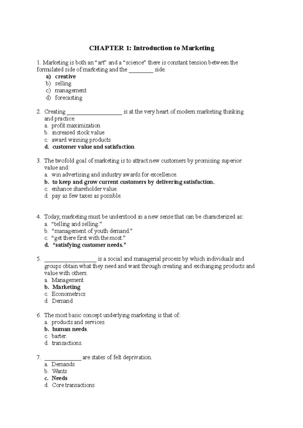 BOM Marketing Chapter 1 MCQ's: Introduction to Marketing Concepts - Studocu
