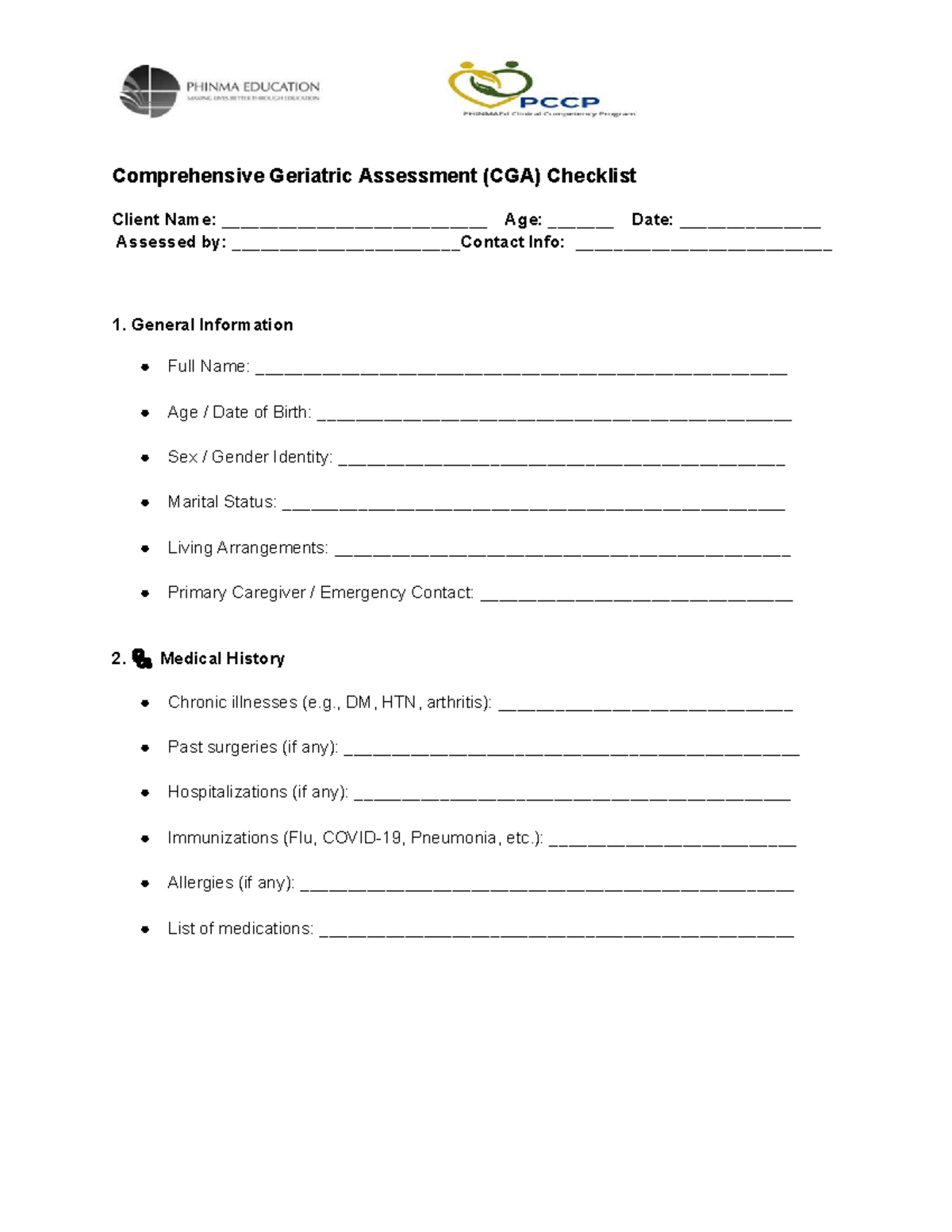 CGA Checklist: Comprehensive Geriatric Assessment Guide - Studocu