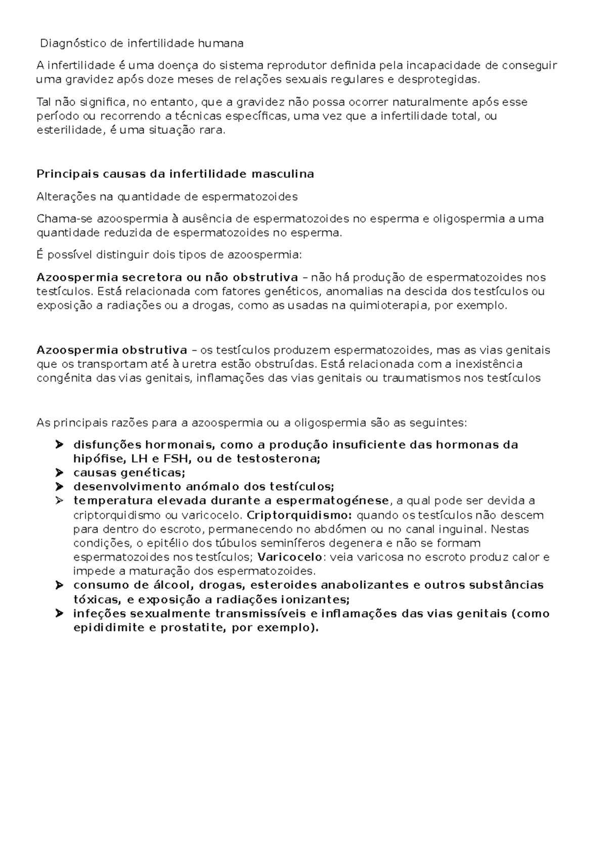 Diagnóstico de Infertilidade Humana: Causas e Tratamentos - Studocu