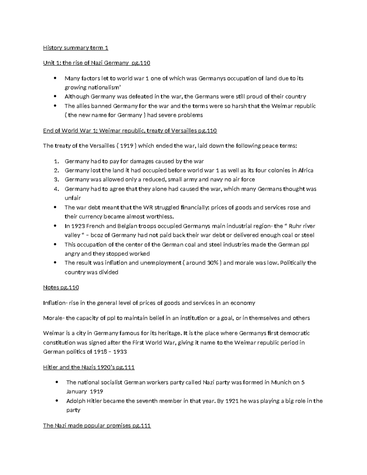 History Summary Term 1: The Rise of Nazi Germany and Its Impact - Studocu