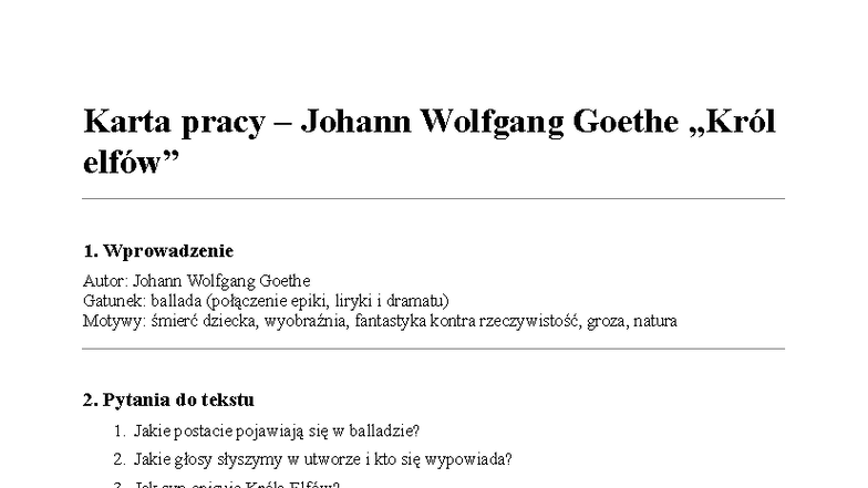 Karta Pracy: "Król Elfów" - Analiza Ballady Goethego w Technikum - Studocu