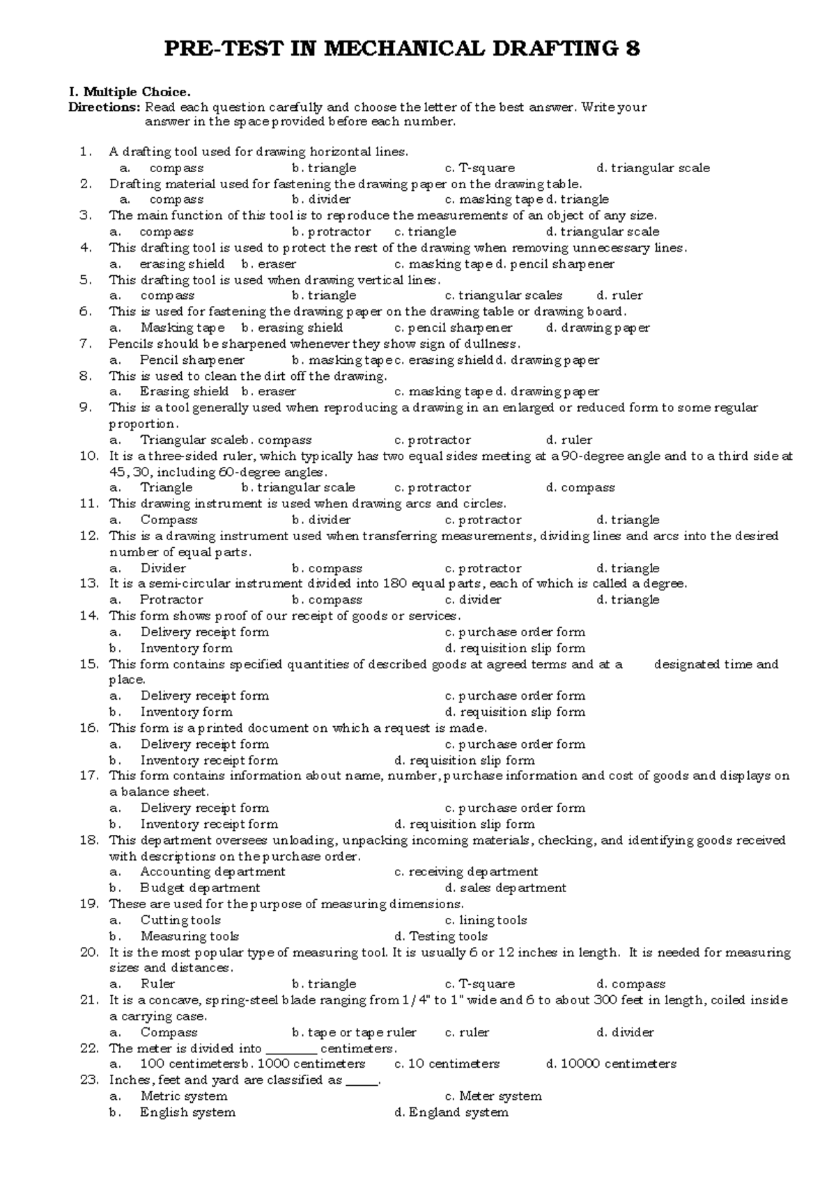 Pre-Test in Mechanical Drafting 8 - PRE-TEST IN MECHANICAL DRAFTING 8 I ...