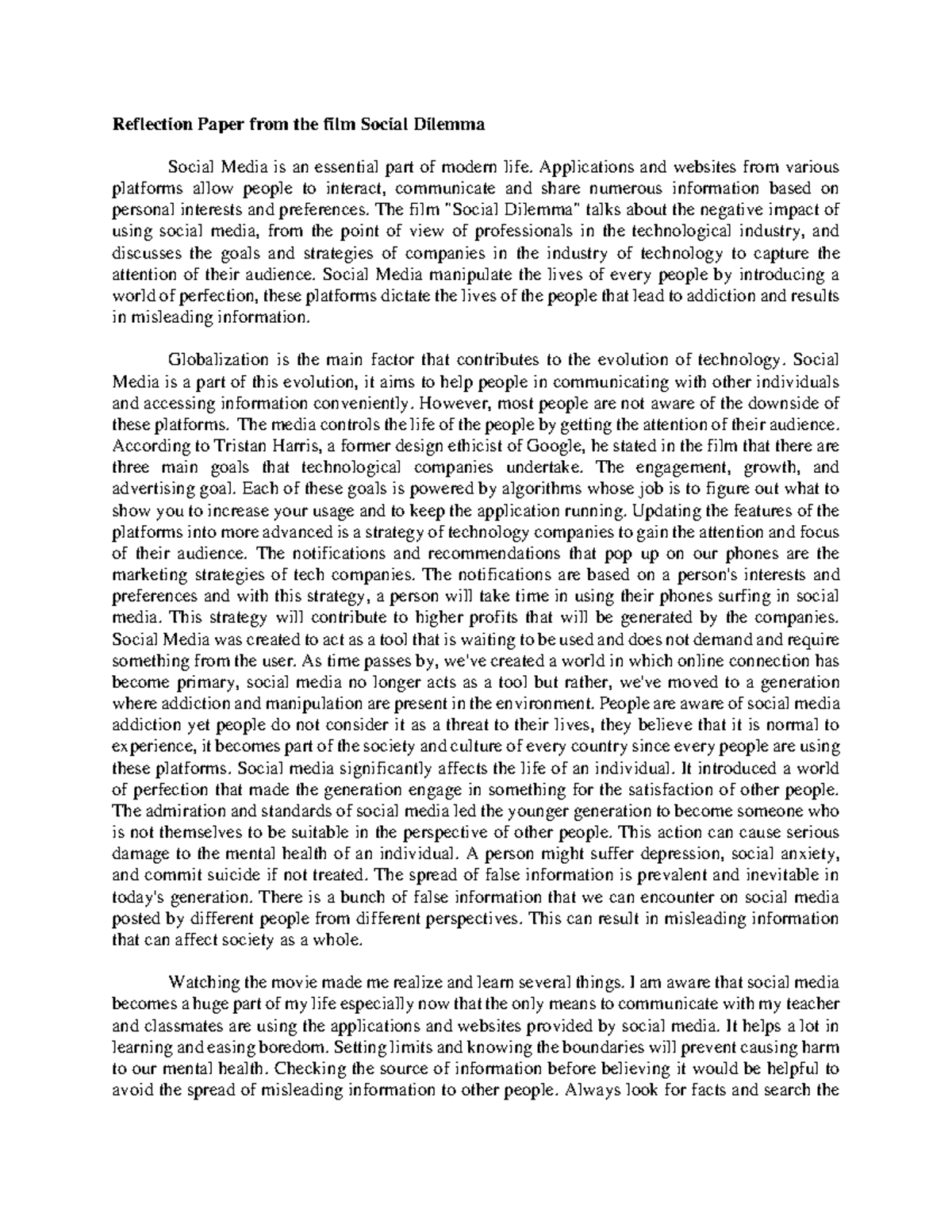 Reflection on "Social Dilemma": Insights and Social Media Impact - Studocu