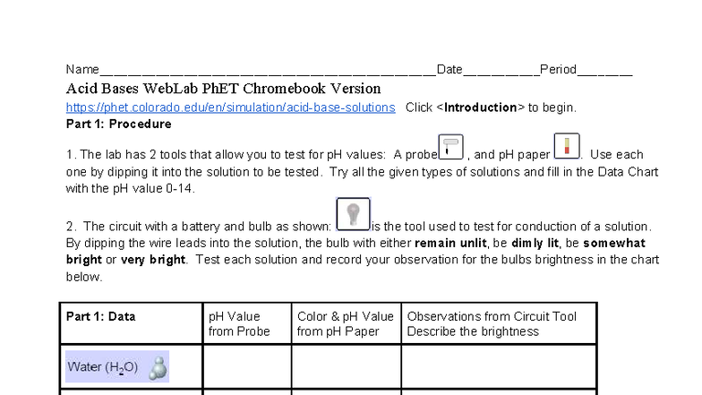 Acid-Base Web Lab PhET Chromebook Version: Experiment & Analysis - Studocu