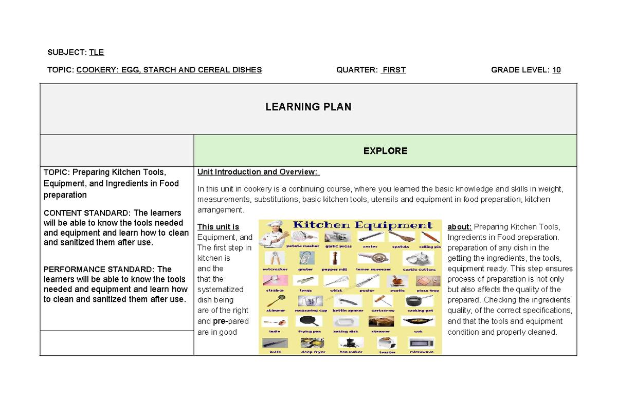 Learning Plan for TLE10 Cookery: Egg, Starch, and Cereal Dishes - Studocu