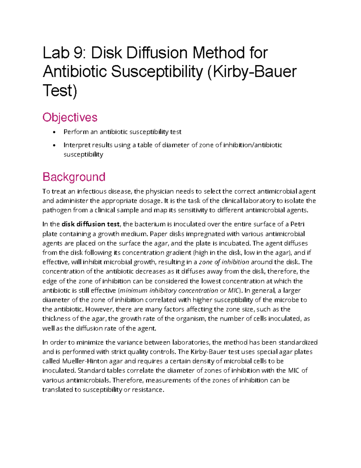 Lab 9 - Kirby-Bauer Test: Antibiotic Susceptibility Report - Studocu