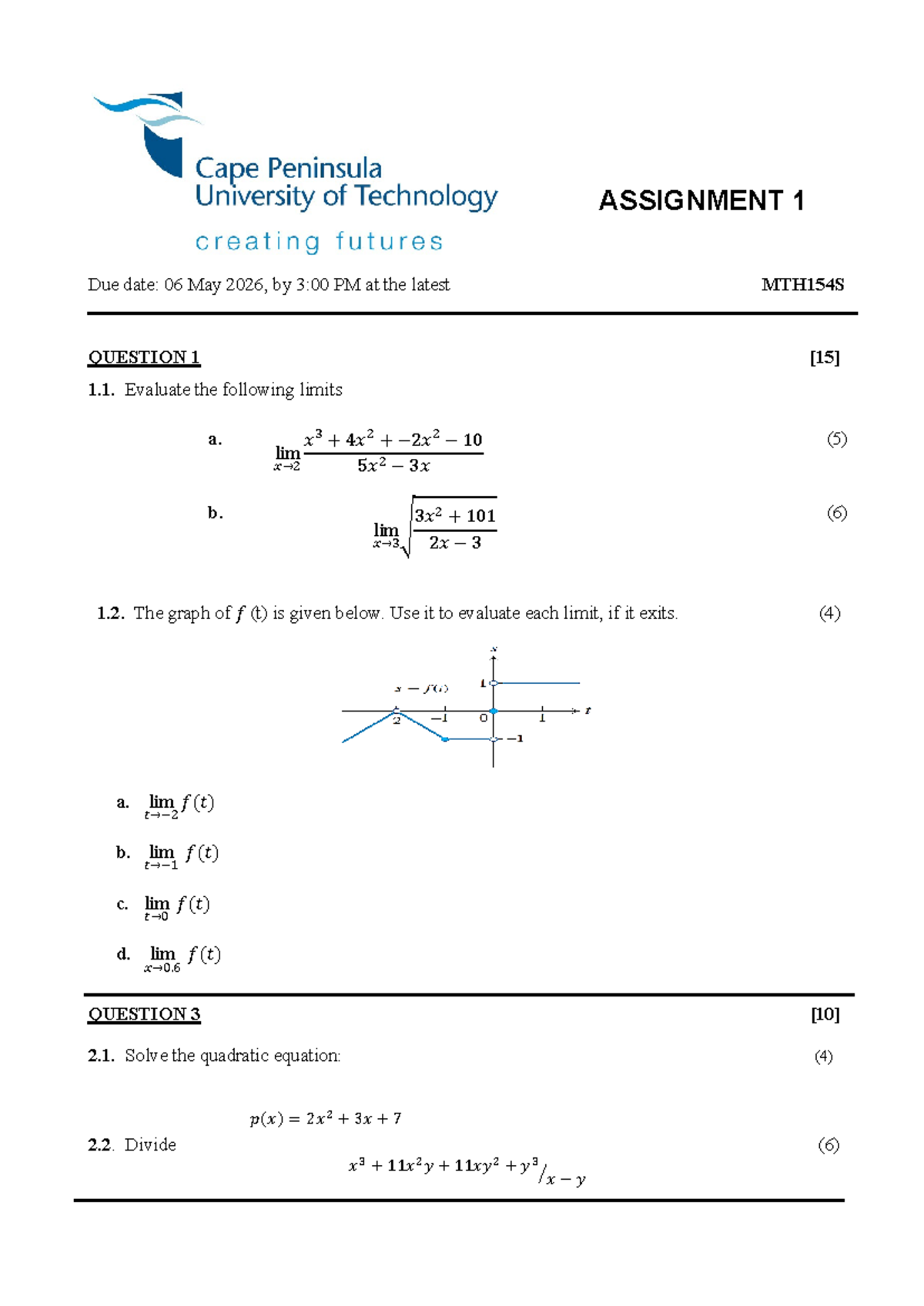 MTH154S Assignment 1: Limit Evaluations and Function Analysis - Studocu