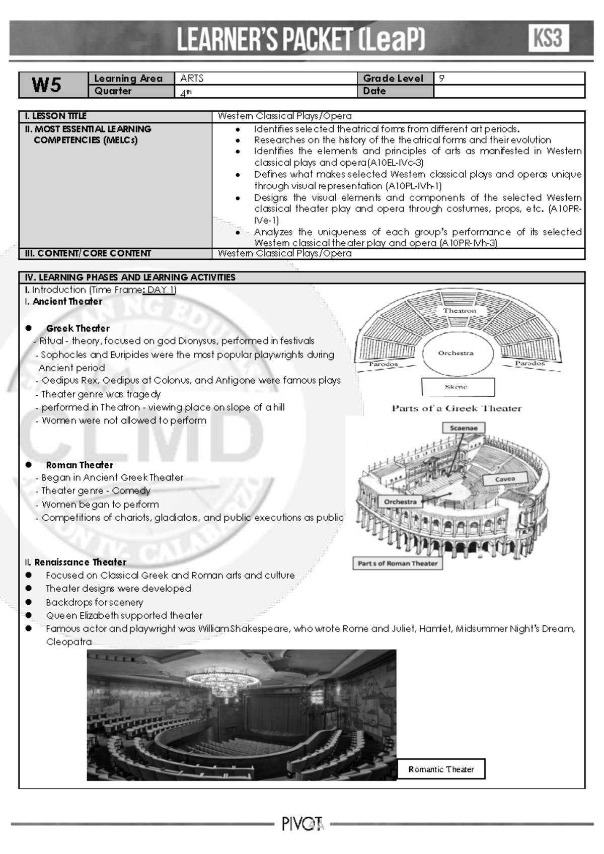 Q4 Arts 9 Week 5 - Summary of Western Classical Theater and Opera - Studocu