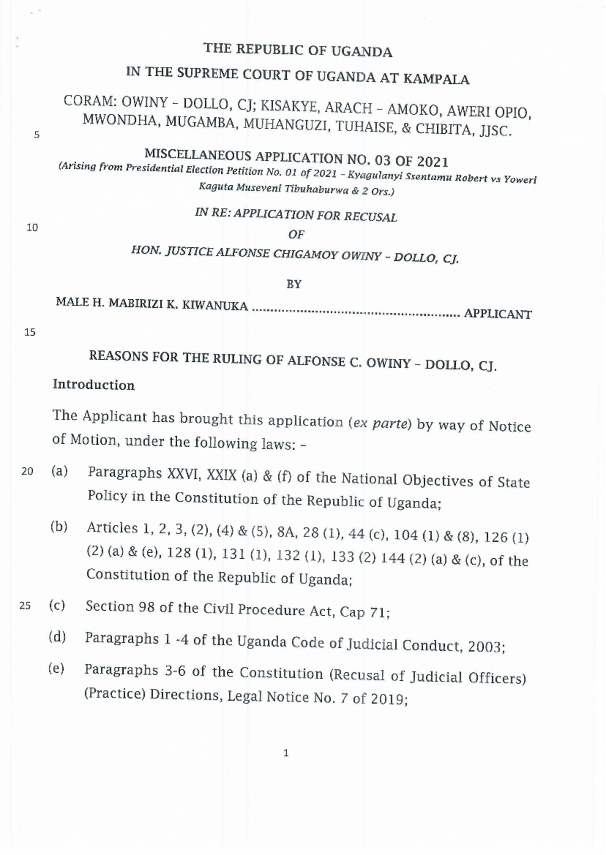 In Re: Application for Recusal of Hon. Justice Alfonse Owiny Dollo ...
