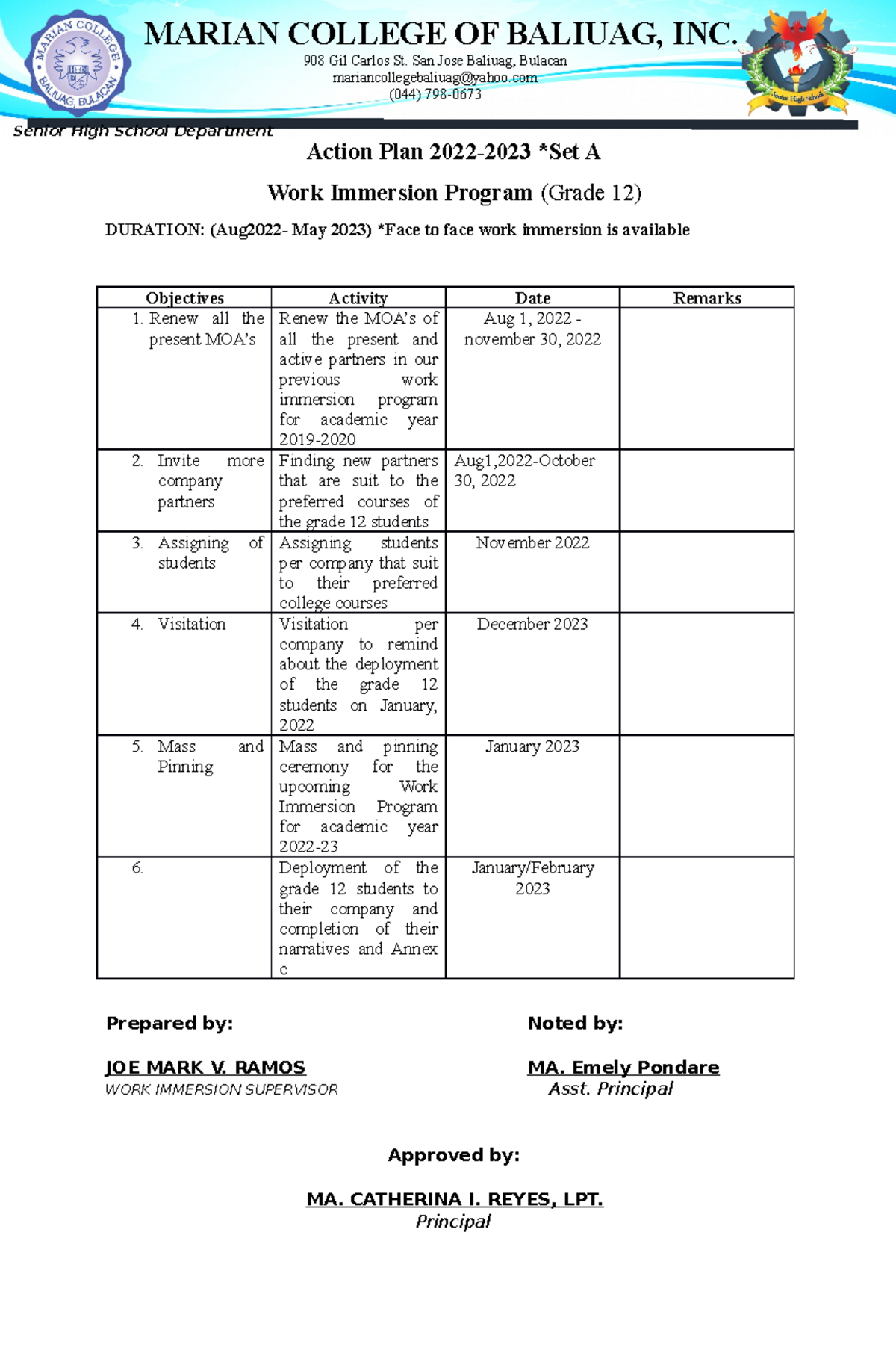 Action PLAN 2022-2023 - Action Plan 2022-2023 *Set A Work Immersion ...